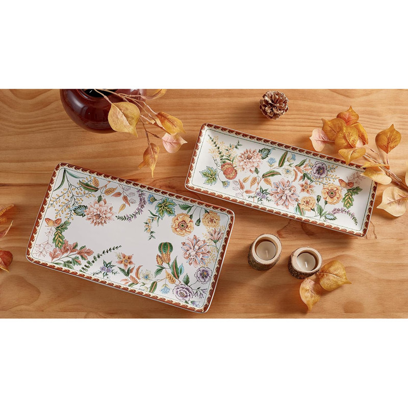 Lark Manor™ Set of 2 Ceramic 14 inch Rectangular Serving Platter Vintage Flower Group | Wayfair